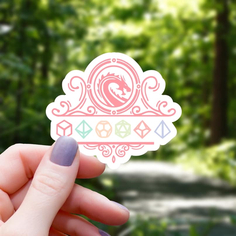 Pastel Dragon Crest with Dice Sticker – 3″ – Dryad Games
